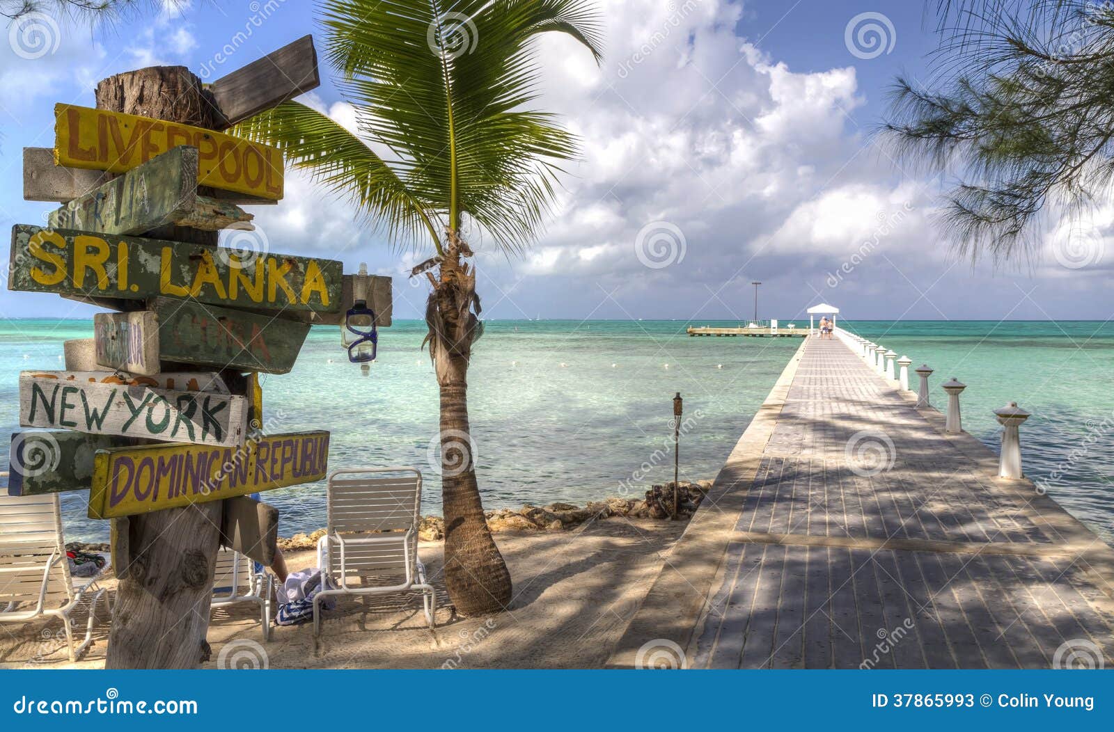 Rum Point Dock and Signpost Stock Image - Image of grand, chairs: 37865993