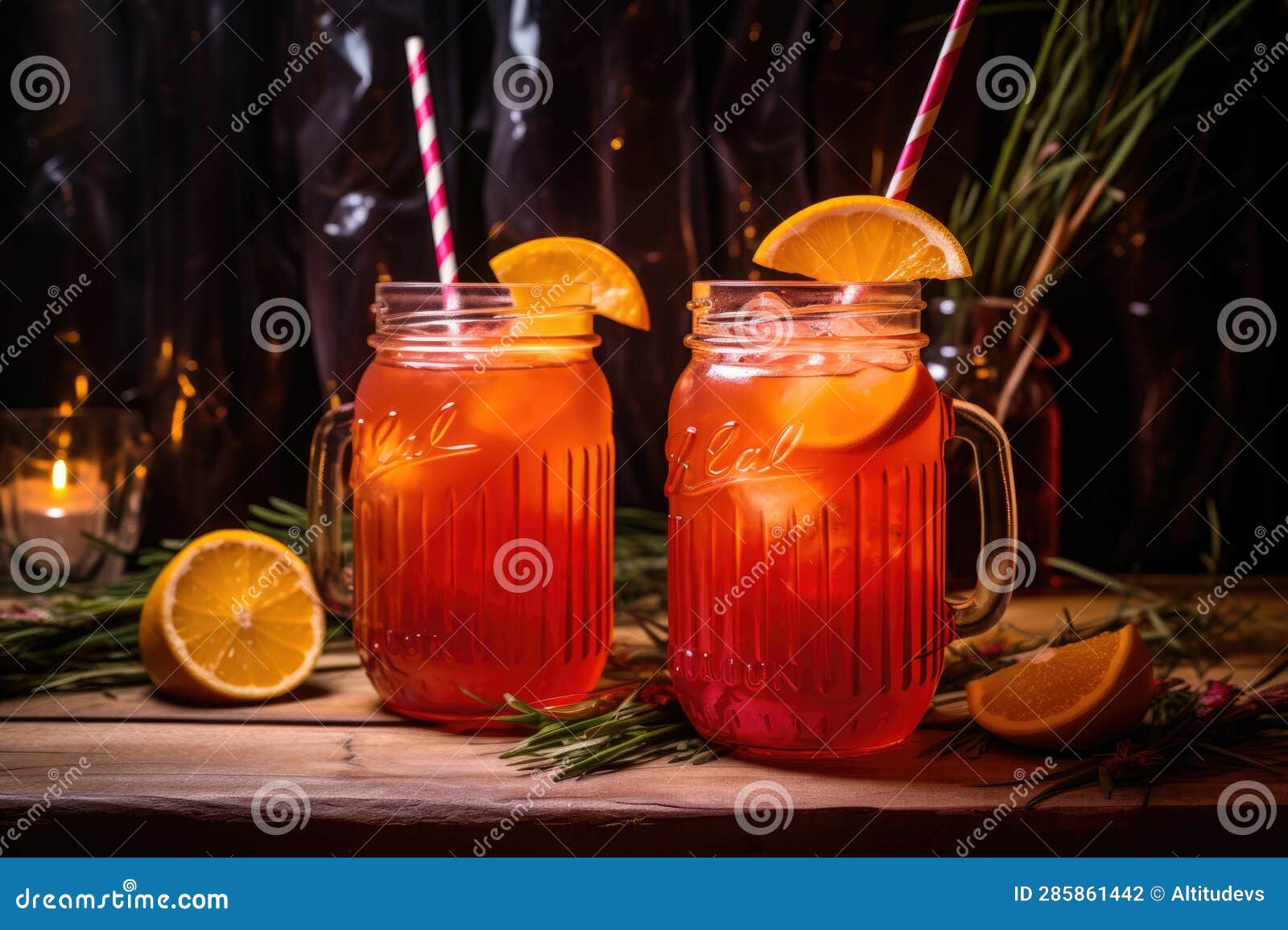 Rum Punch in Mason Jars with Paper Straws Stock Photo - Image of fruit ...