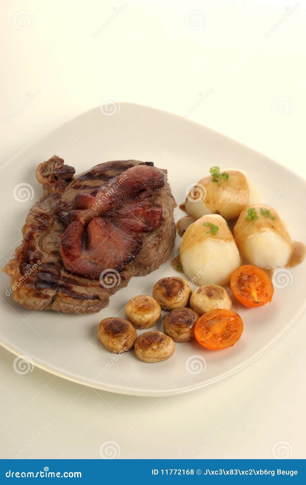 Rump Steak and Bacon with Vegetable Stock Photo - Image of steak, meat ...