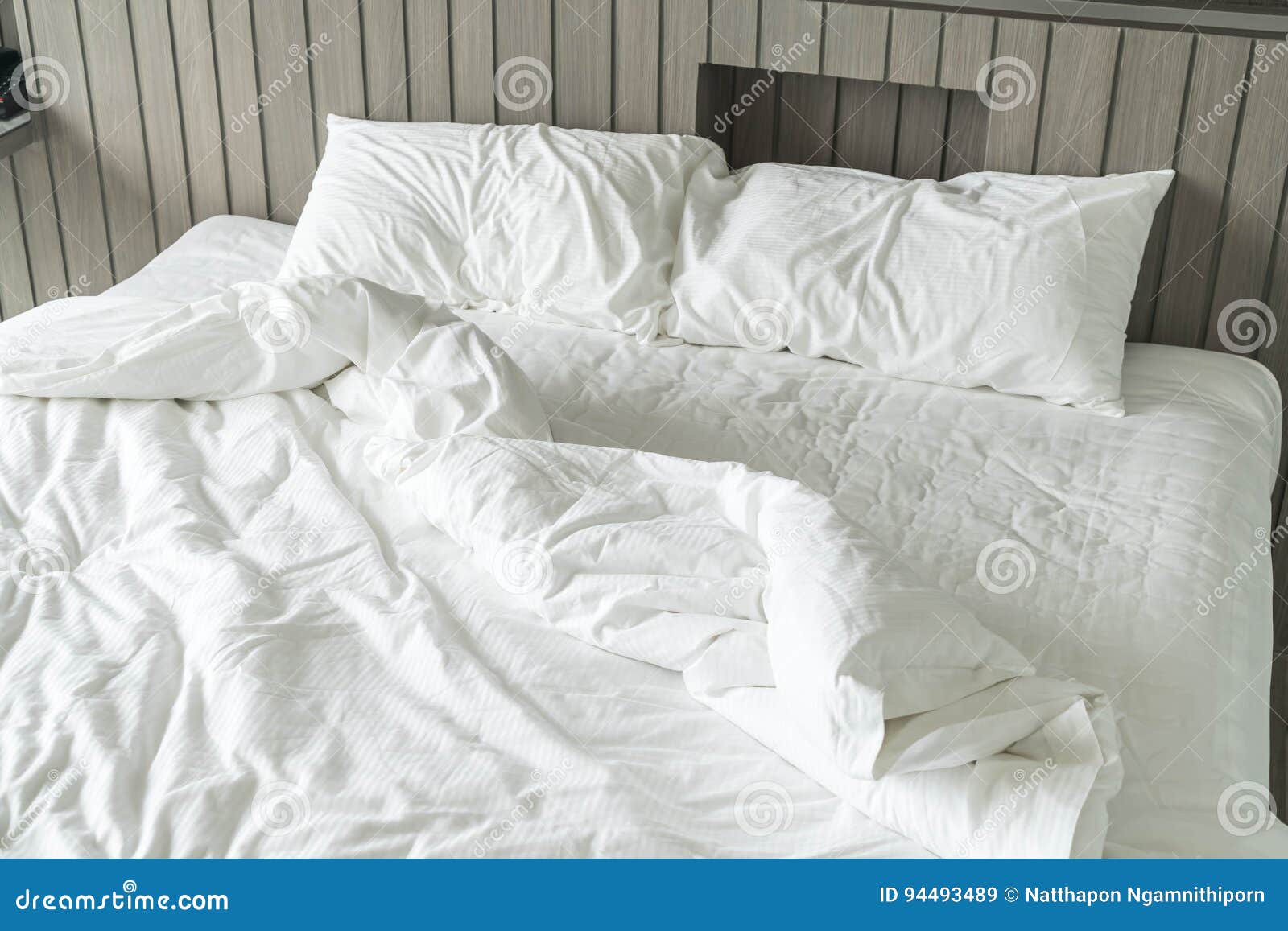 Rumpled Bed with White Messy Pillow Decoration in Bedroom Stock Image ...