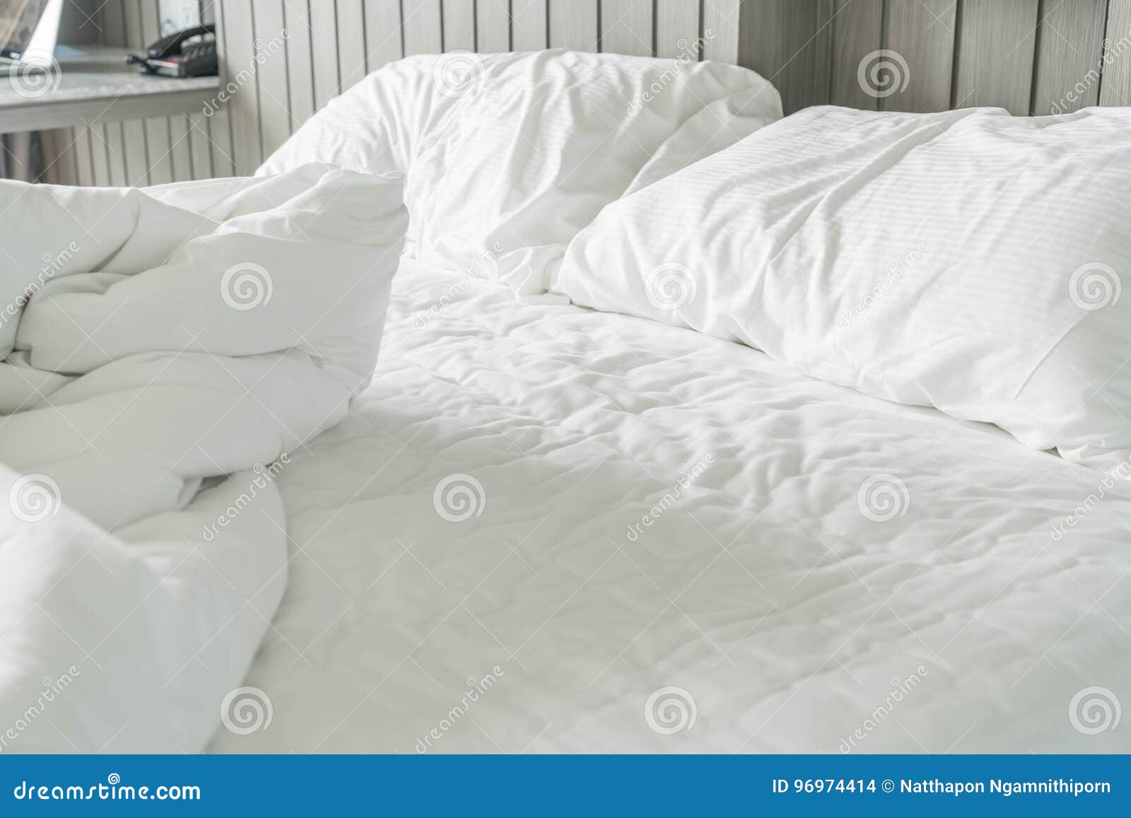 Rumpled Bed with White Messy Pillow Decoration in Bedroom Stock Photo ...