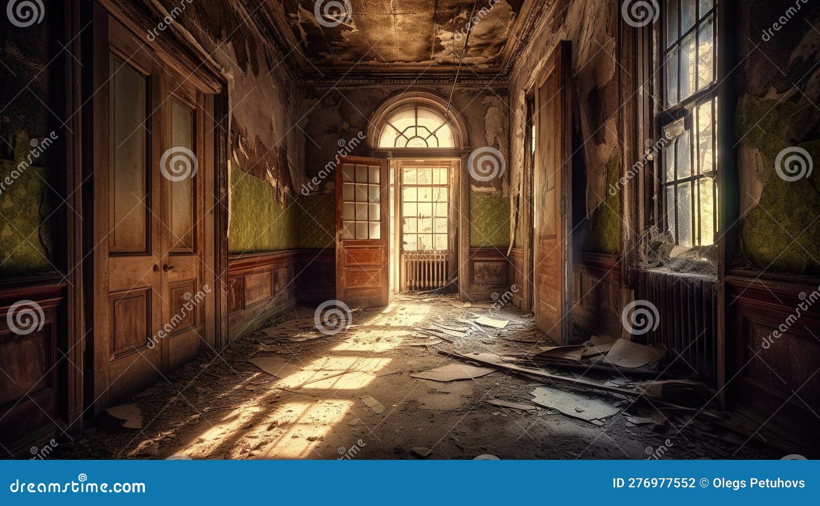 A Run Down Building with a Door and Windows in it Stock Photo - Image ...