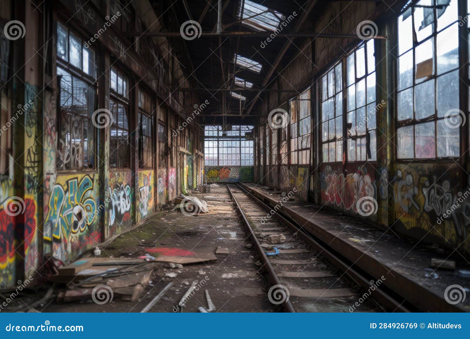 Run-down Factory with Broken Windows and Graffiti on the Walls Stock ...