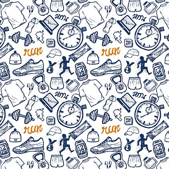 Run Icons Seamless Pattern Set in Doodle Style, Hand Drawing Stock ...