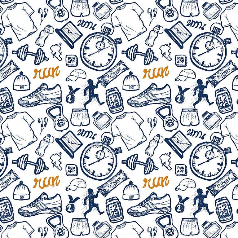 Run Icons Seamless Pattern Set in Doodle Style, Hand Drawing Stock ...