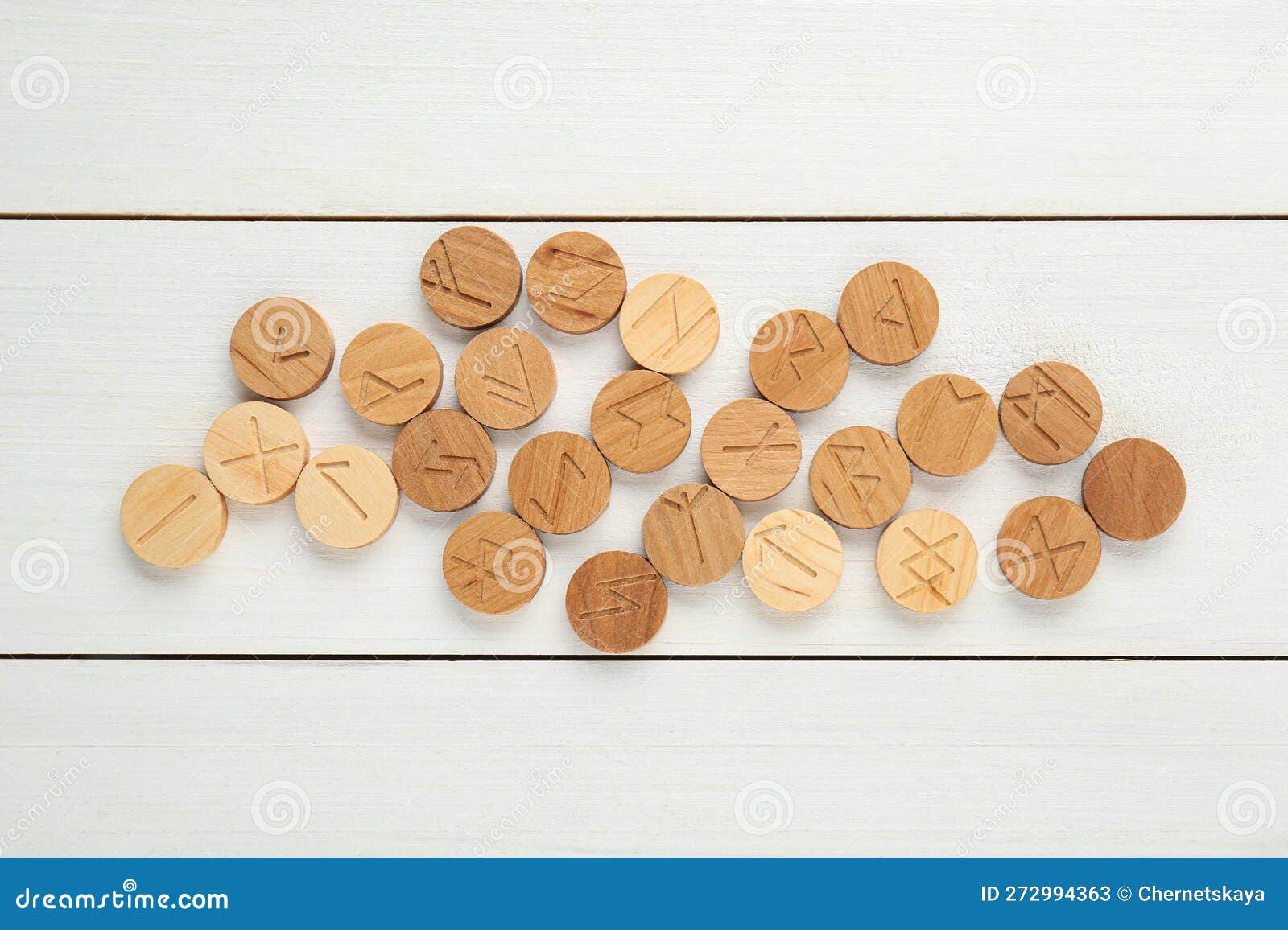 Runes with Different Symbols on White Wooden Table, Flat Lay Stock ...