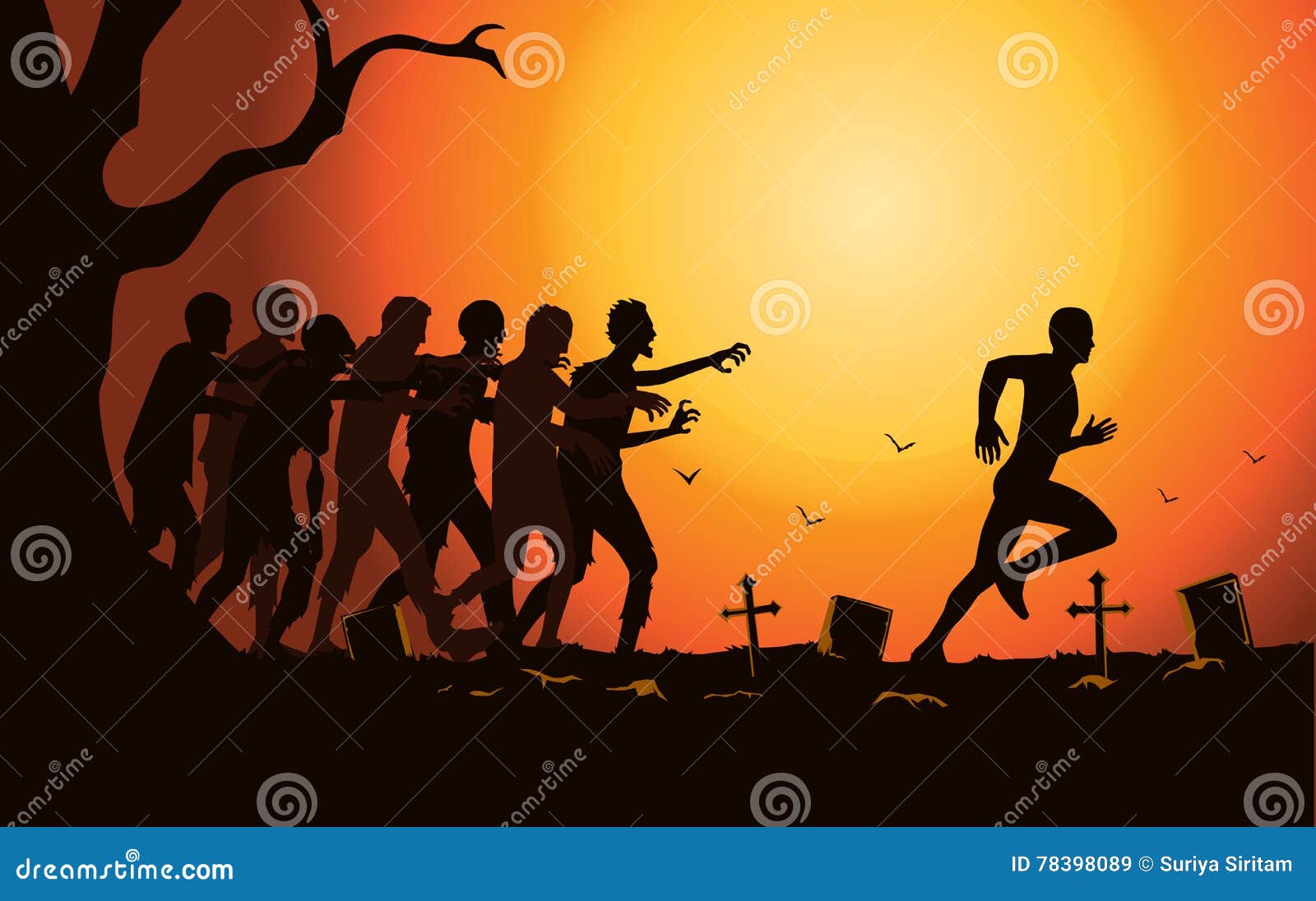 Runner Run Away from Zombie Group in the Graveyard. Stock Vector ...