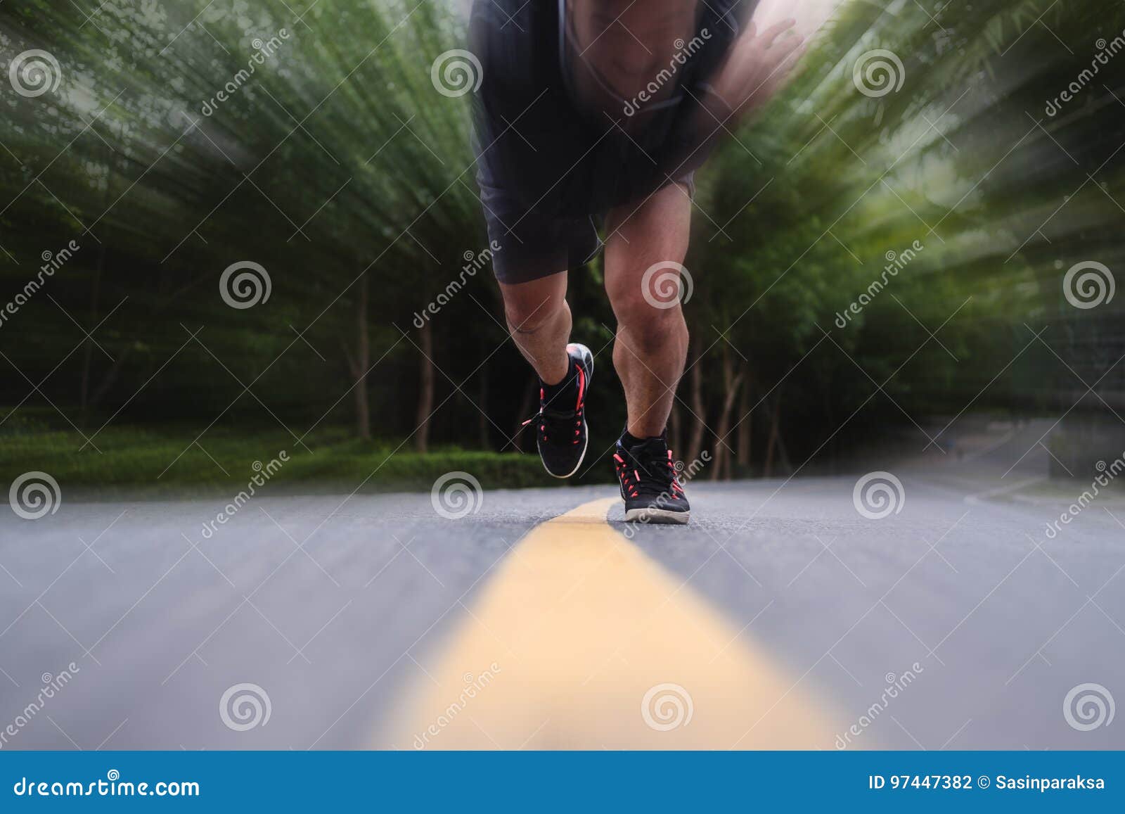 Runner Running on the Road, Selective Focus on Shoes, with Speed Motion ...