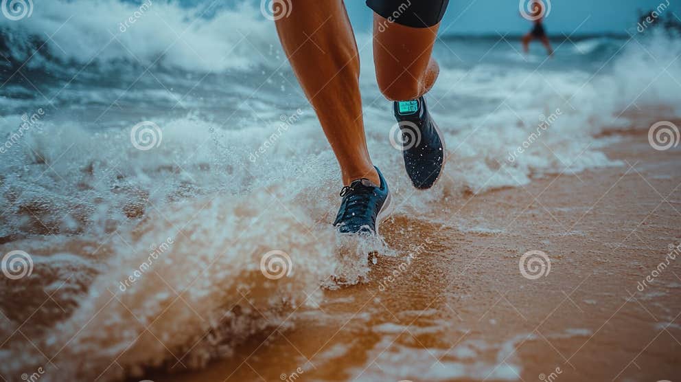 Runner Splashing through Waves on a Sandy Beach Stock Illustration ...