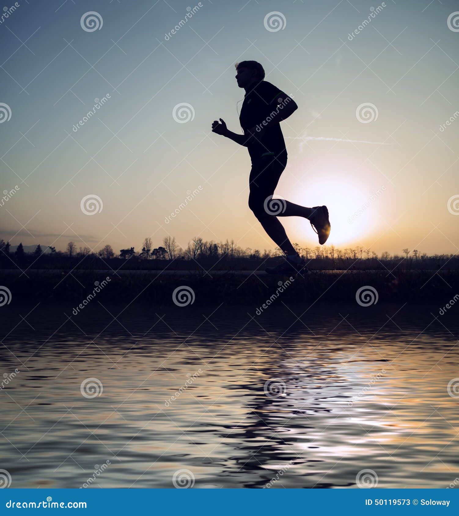 Runner Sunset Silhouette with Mirror in Water Stock Image - Image of ...