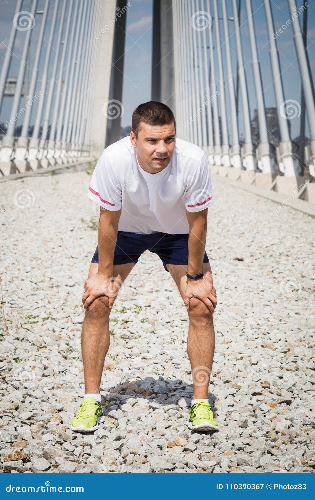 Runner taking a break stock image. Image of city, bridge - 110390367