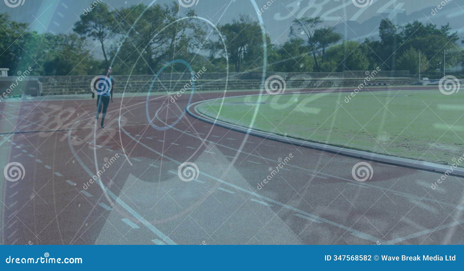 Runner on Track with Speedometer Image Over Athletic Field Background ...