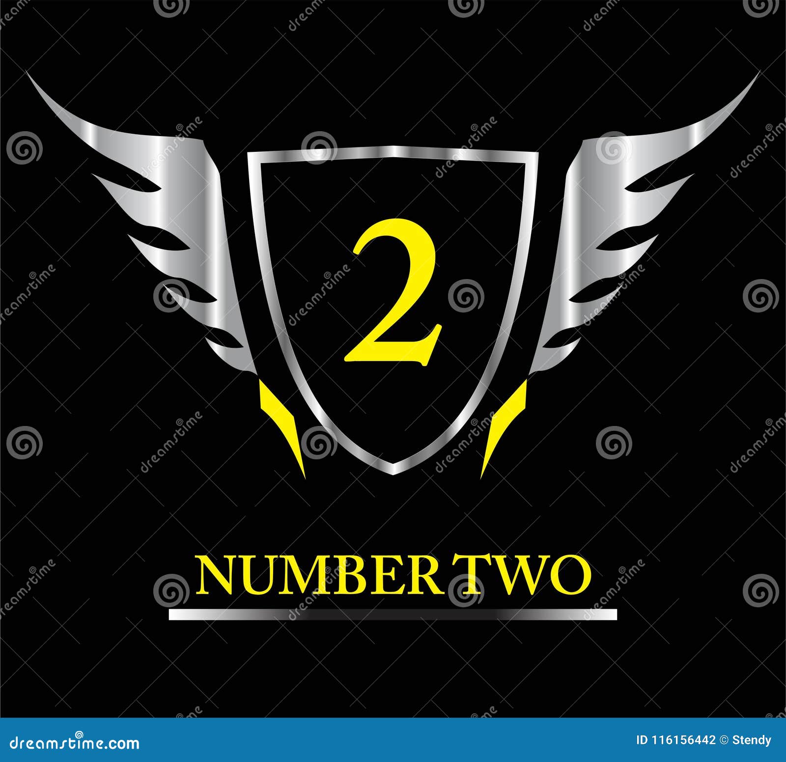 Runner Up,2, Number 2, Number Two on Shield, Metallic Winged Shield ...