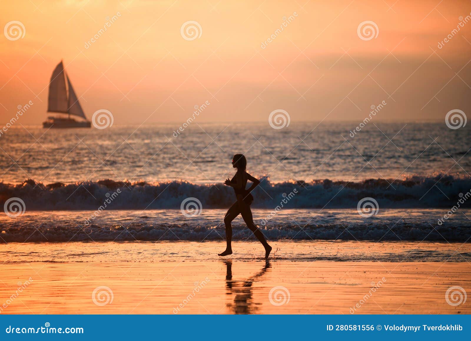 Runner Woman Running in the Beach at Sunset. Stock Photo - Image of ...