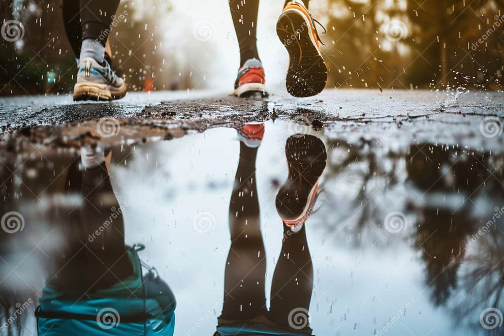 Runners Reflection in a Puddle during a Rain Jog Stock Photo - Image of lifestyle, motion: 313352654