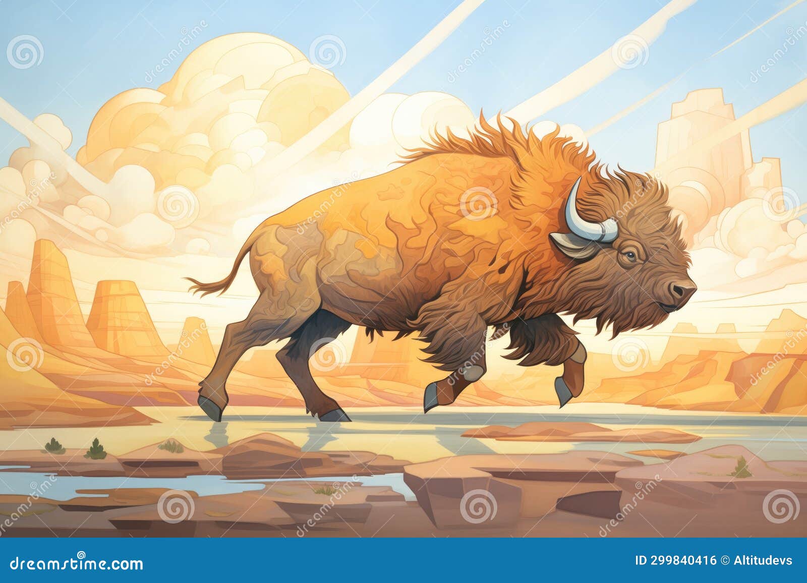 A Running Bison Casting Long Shadows in the Evening Stock Photo - Image ...