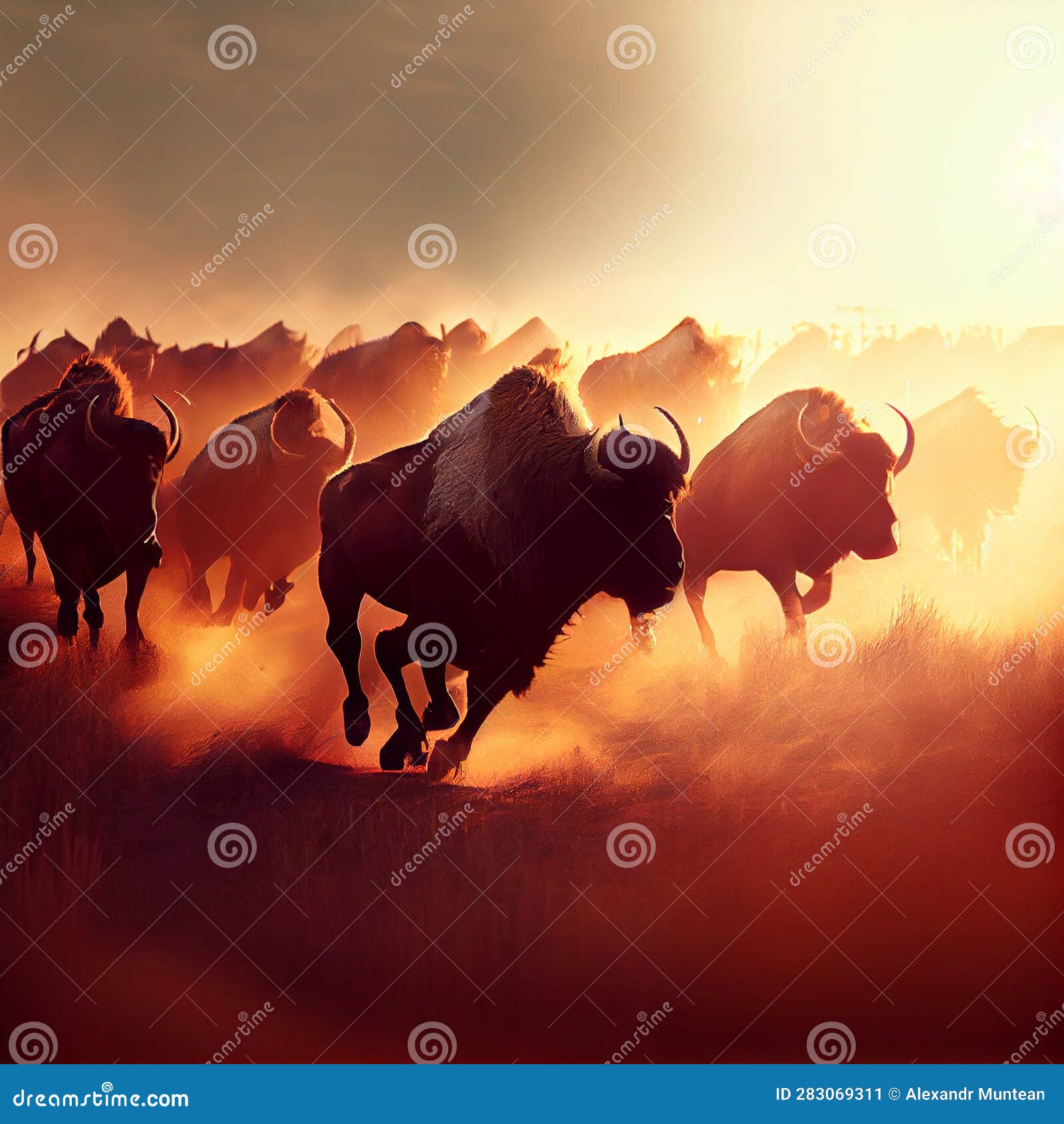 Running bison herd. stock illustration. Illustration of generative ...