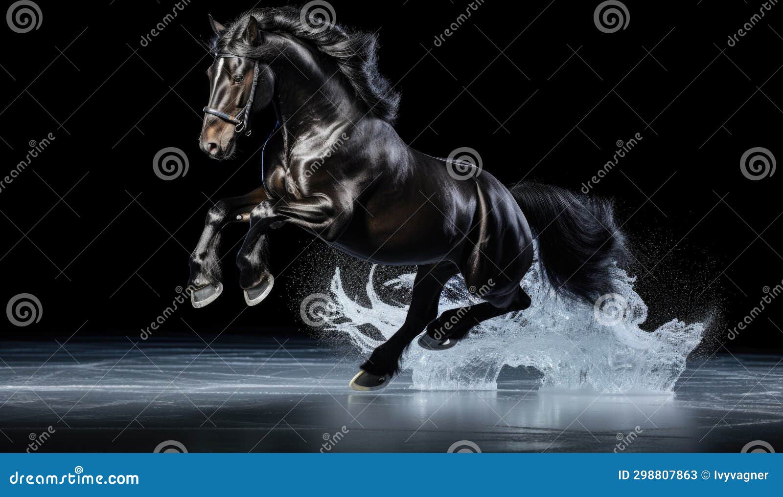 Running Black Horse on Ice on Black Background Stock Image - Image of ...