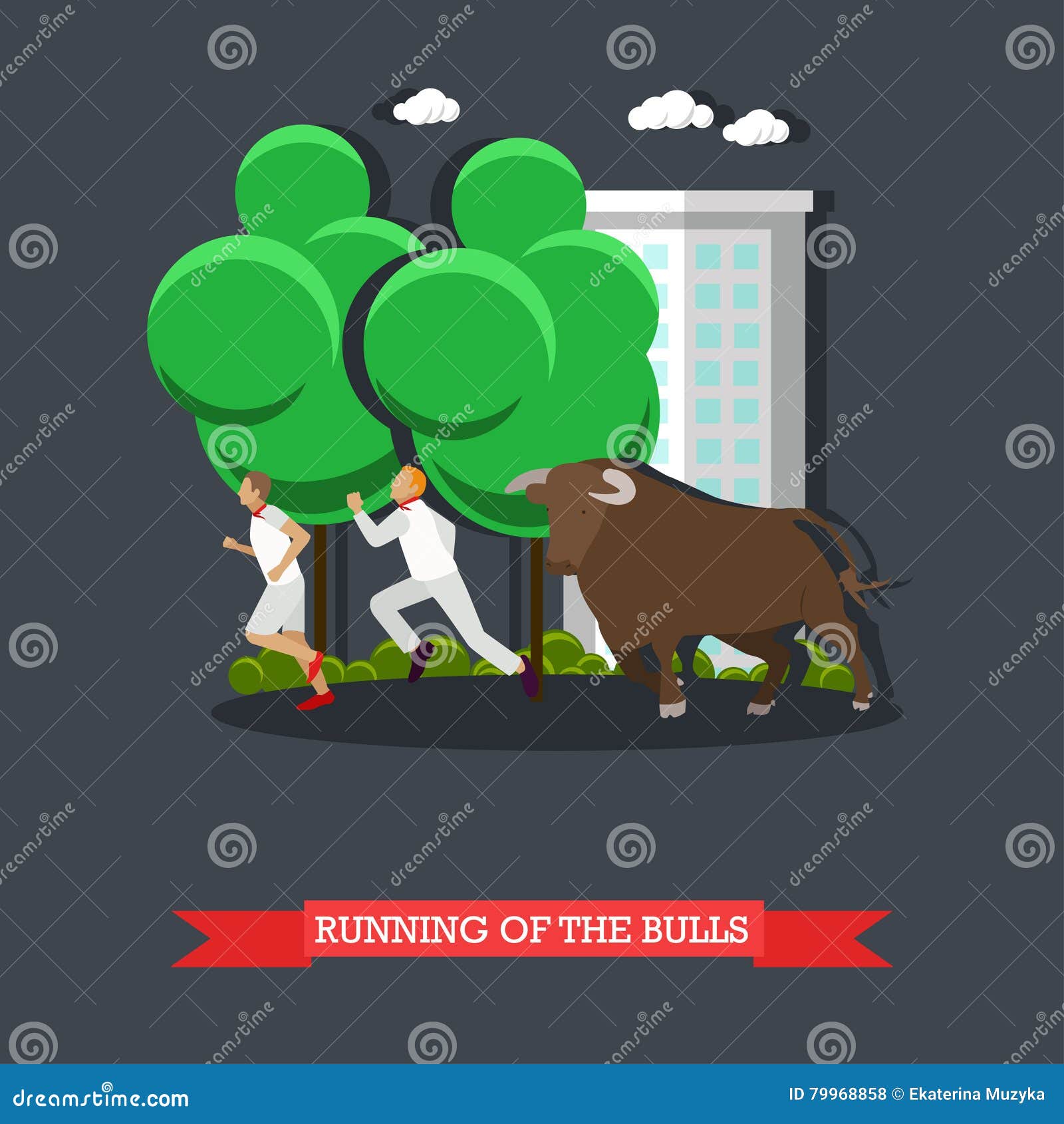 Running of the Bulls Concept Vector Poster in Flat Style. People Run in ...
