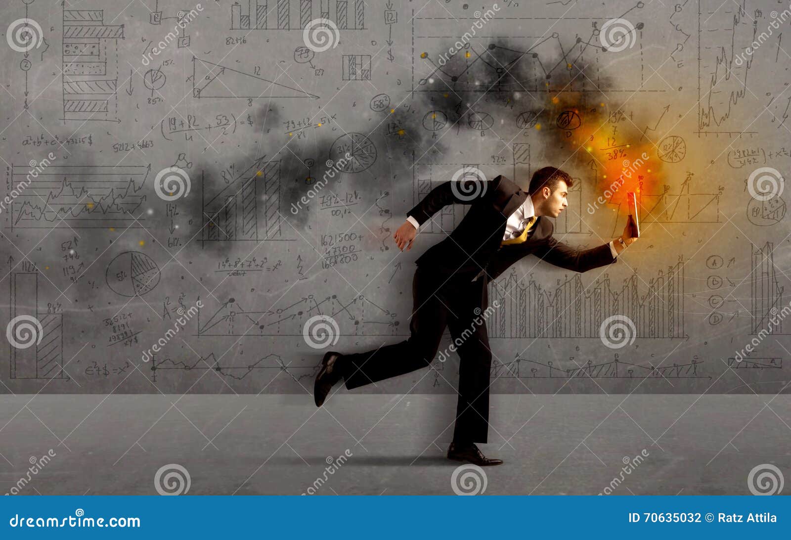 Running Business Man with Fire Laptop Stock Photo - Image of activity ...