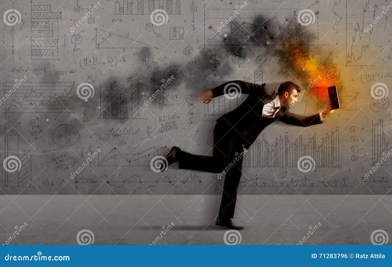 Running Business Man with Fire Laptop Stock Photo - Image of network ...