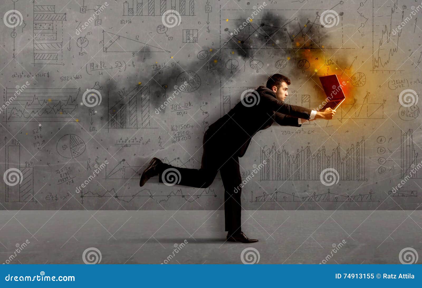 Running Business Man with Fire Laptop Stock Image - Image of active ...