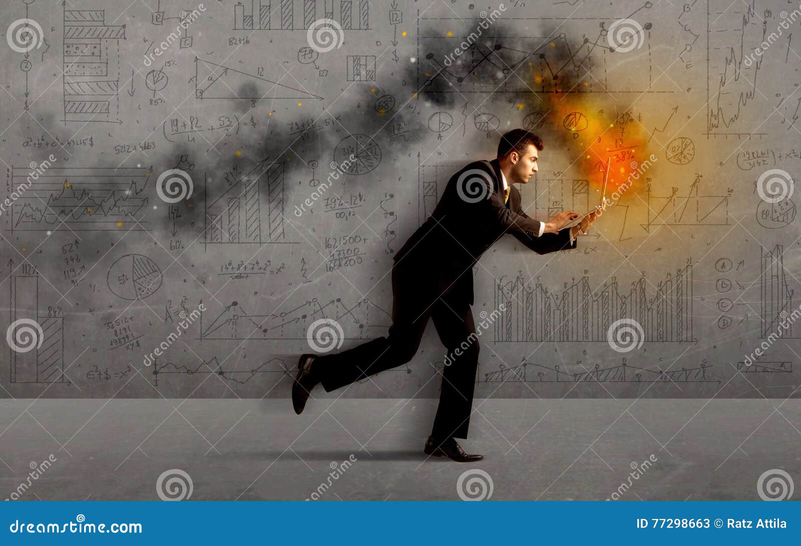 Running Business Man with Fire Laptop Stock Image - Image of compete ...