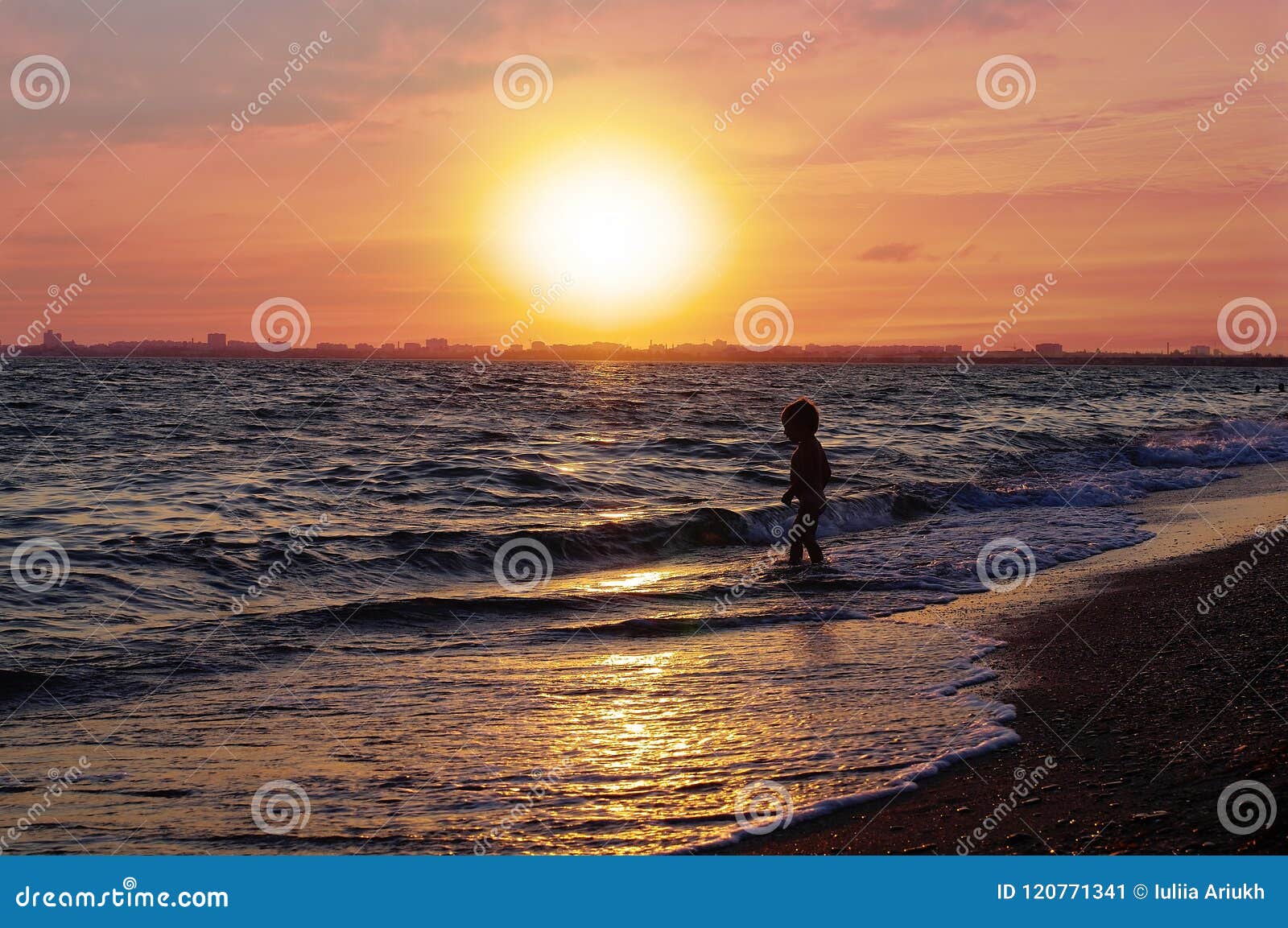 Running Child on the Beach on a Beautiful Red Sunset Stock Image ...