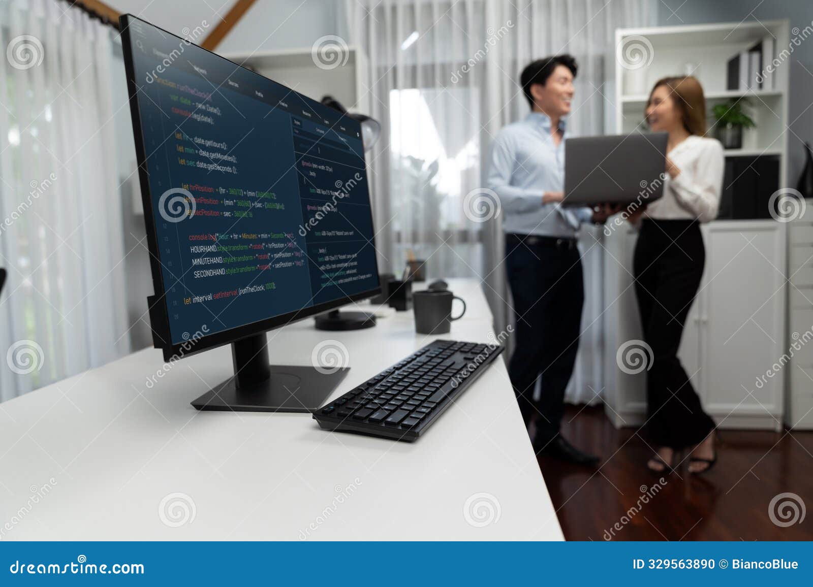 Running Coding Screen with Blurry it Developers Standing with Laptop. Infobahn. Stock Photo ...