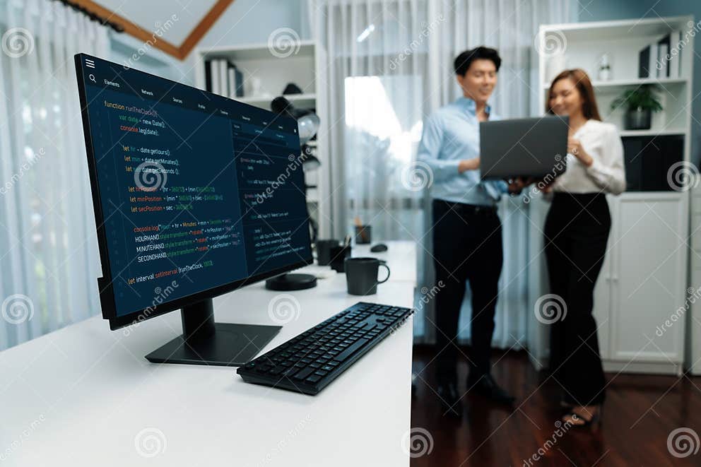 Running Coding Screen with Blurry it Developers Standing with Laptop ...