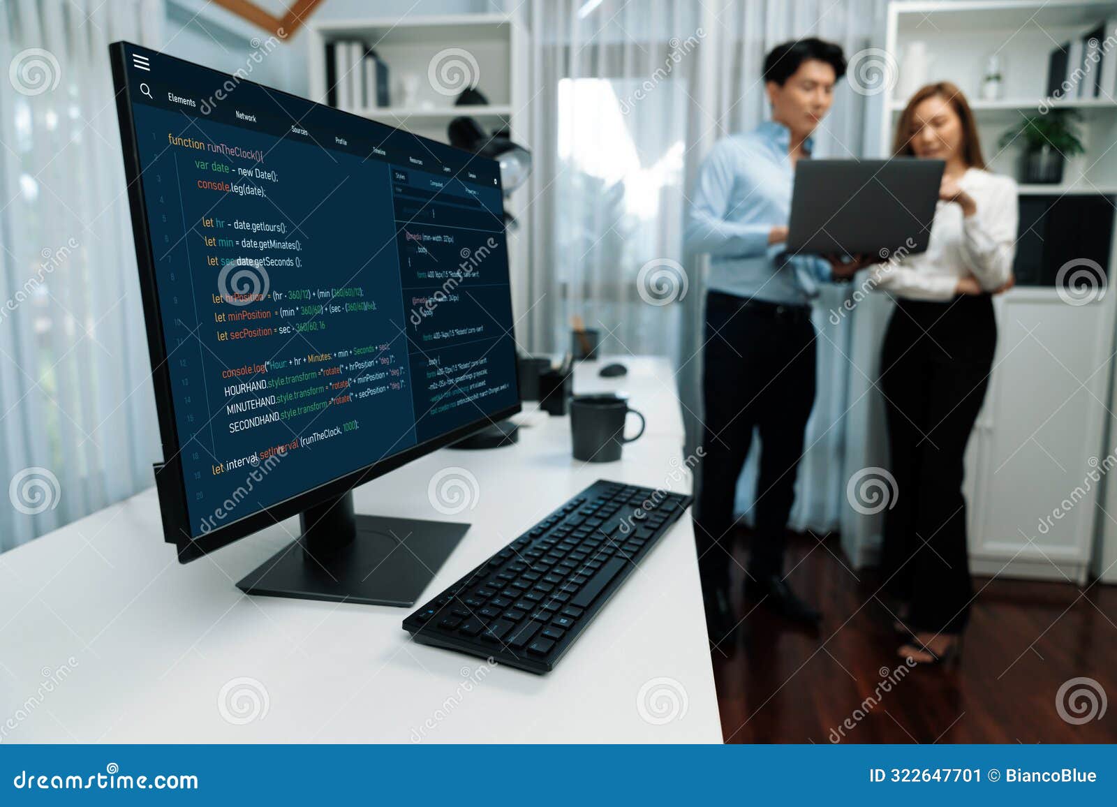 Running Coding Screen with Blurry it Developers Standing with Laptop. Infobahn. Stock Image ...