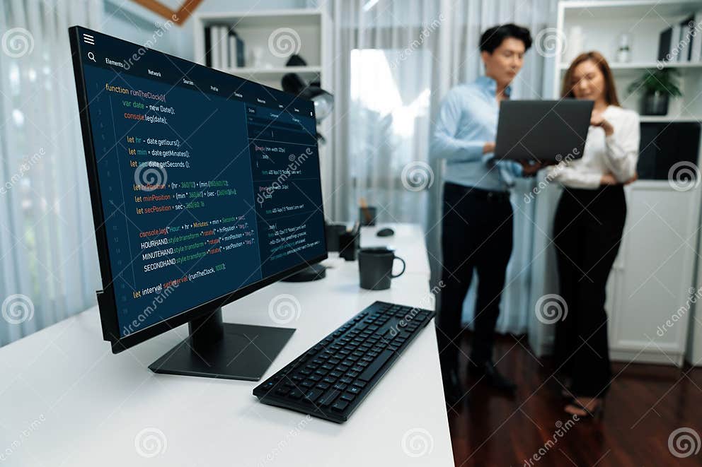 Running Coding Screen with Blurry it Developers Standing with Laptop ...
