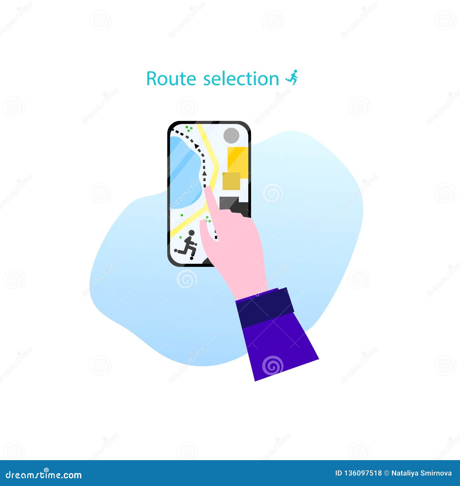 Running Concept in Flat Style. Man Makes a Route for Running Using the ...