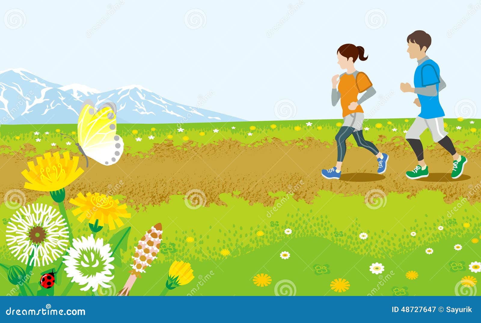 Running Couple in Spring Road Stock Vector - Illustration of flower ...