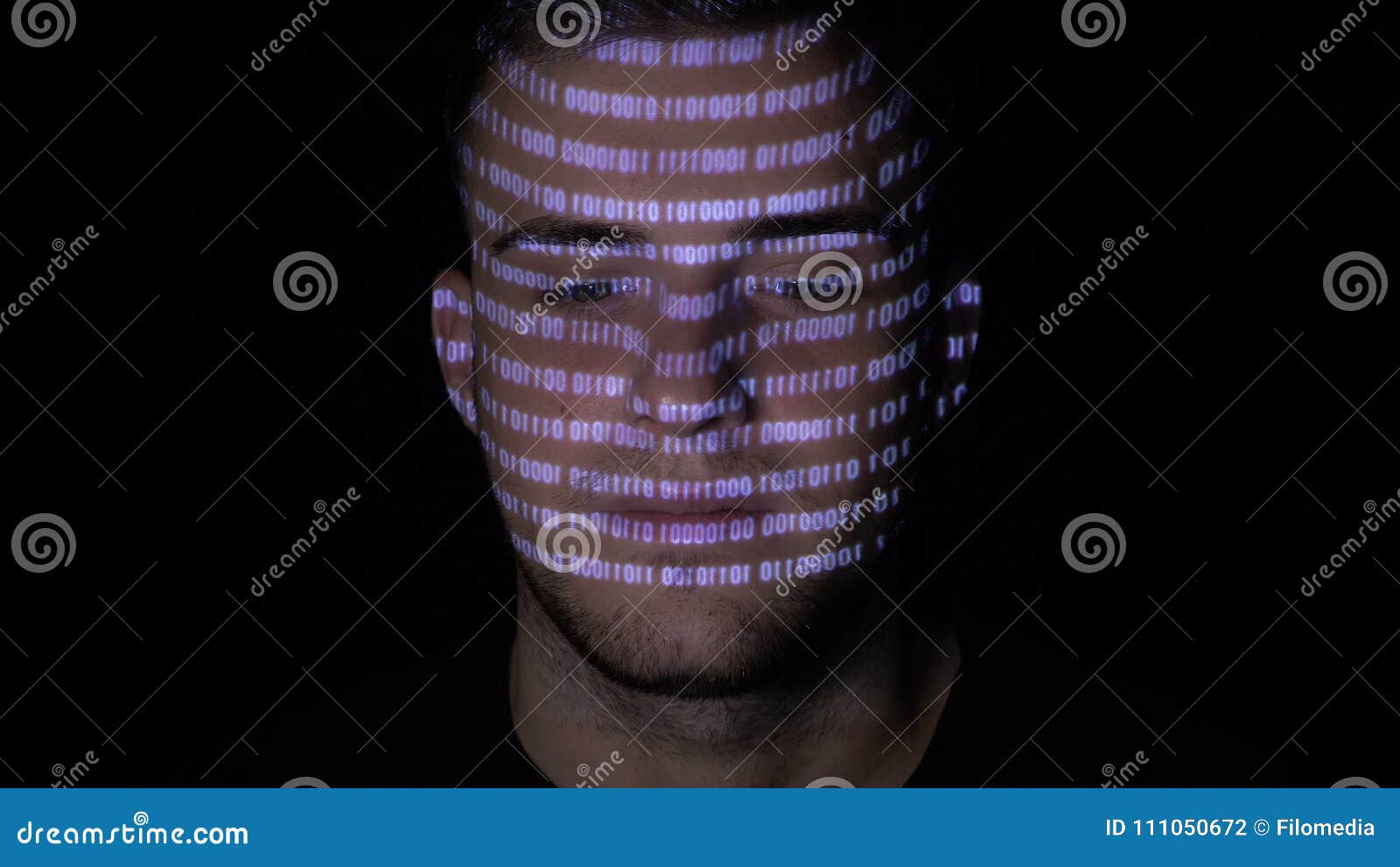 Running Digital Binary Data Code Reflected on the Face of a Young Man ...
