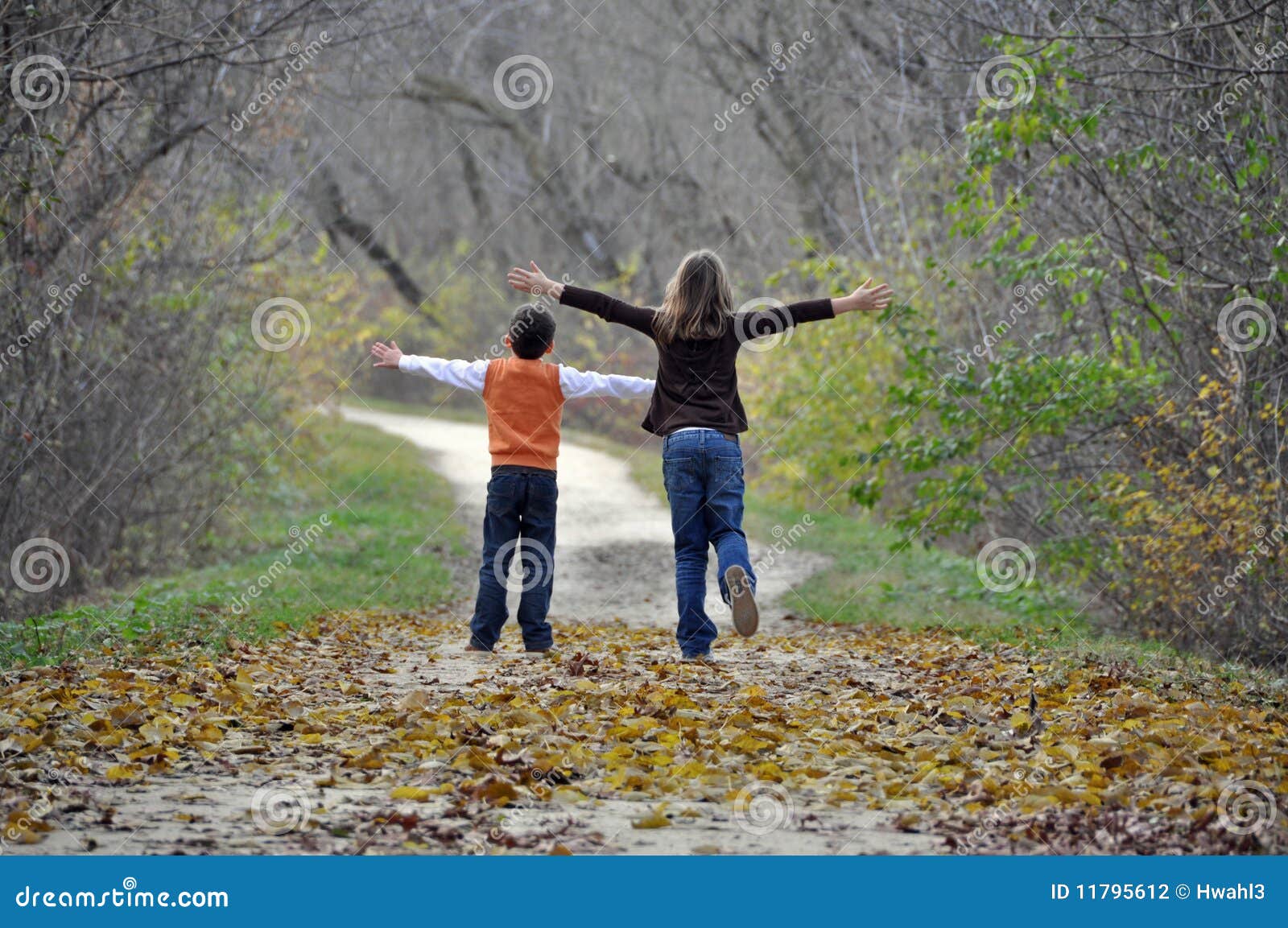 Running in fall stock photo. Image of sister, children - 11795612
