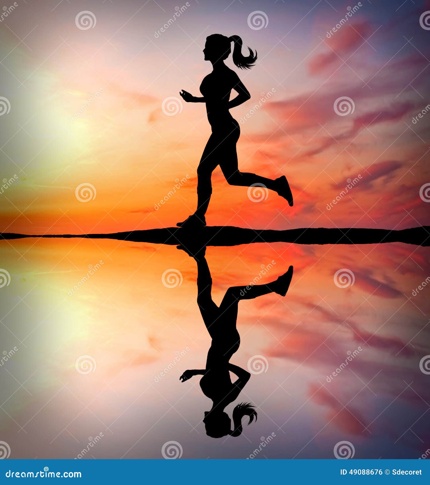 Running Girl at Sunset Silhouette Stock Illustration - Illustration of ...