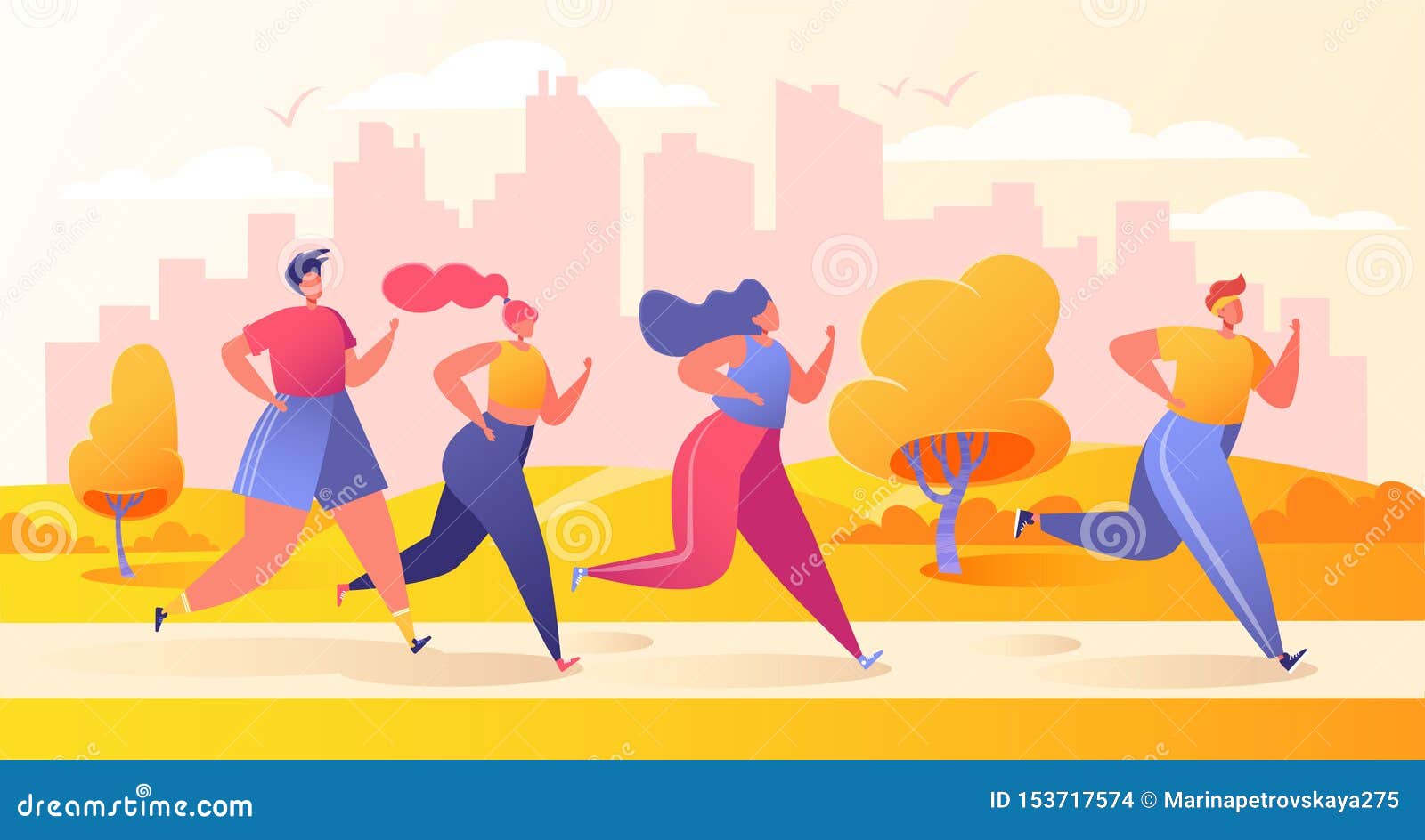 Group of Cartoon, Flat Characters Running in the City Park during the ...