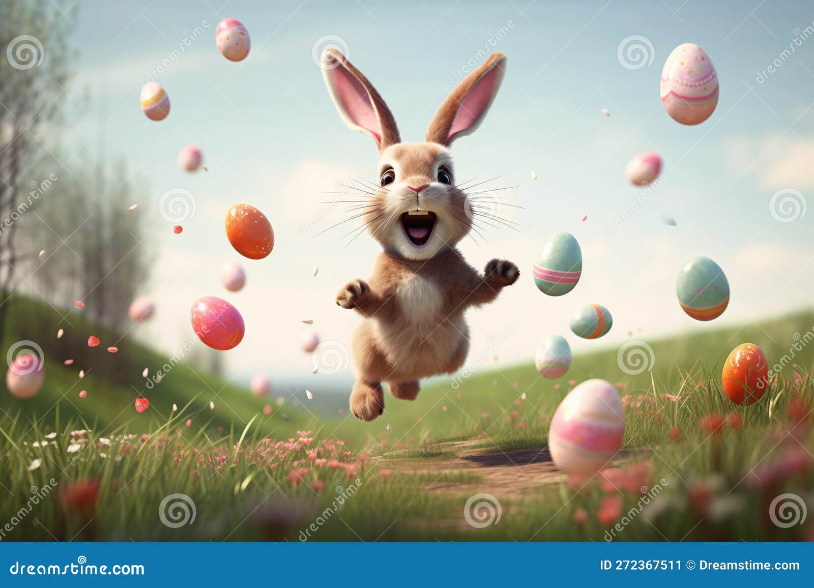 Running Happy Easter Bunny with Eggs Flying Everywhere Stock ...