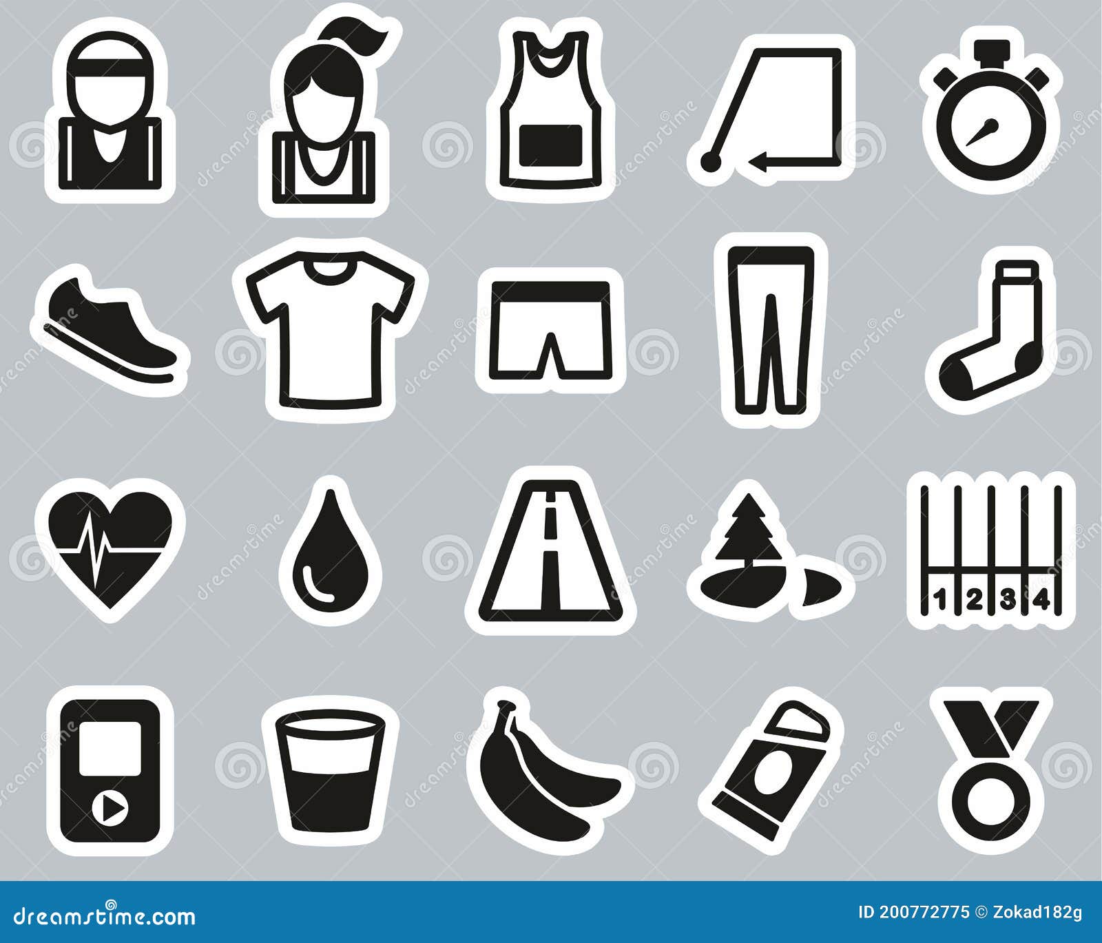 Running or Jogging Icons Black & White Sticker Set Big Stock Vector ...