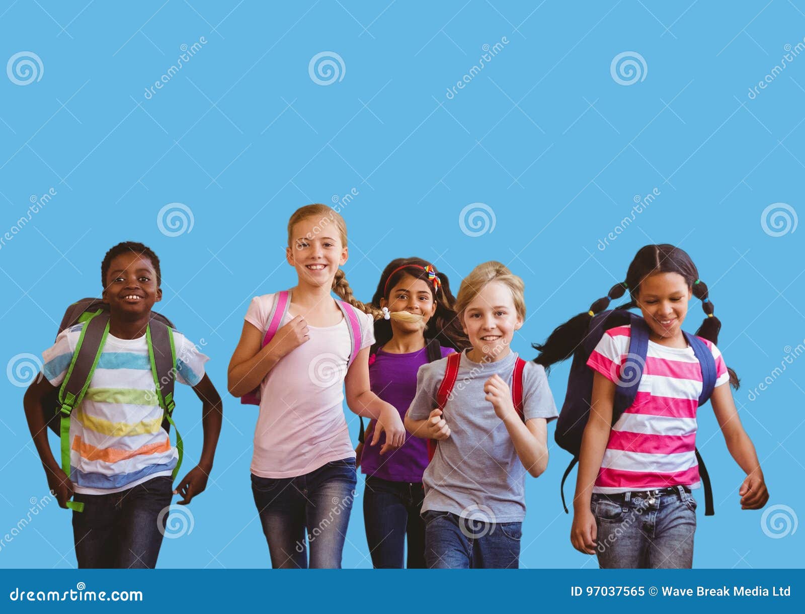 Running Kids with Blank Blue Background Stock Image - Image of ...
