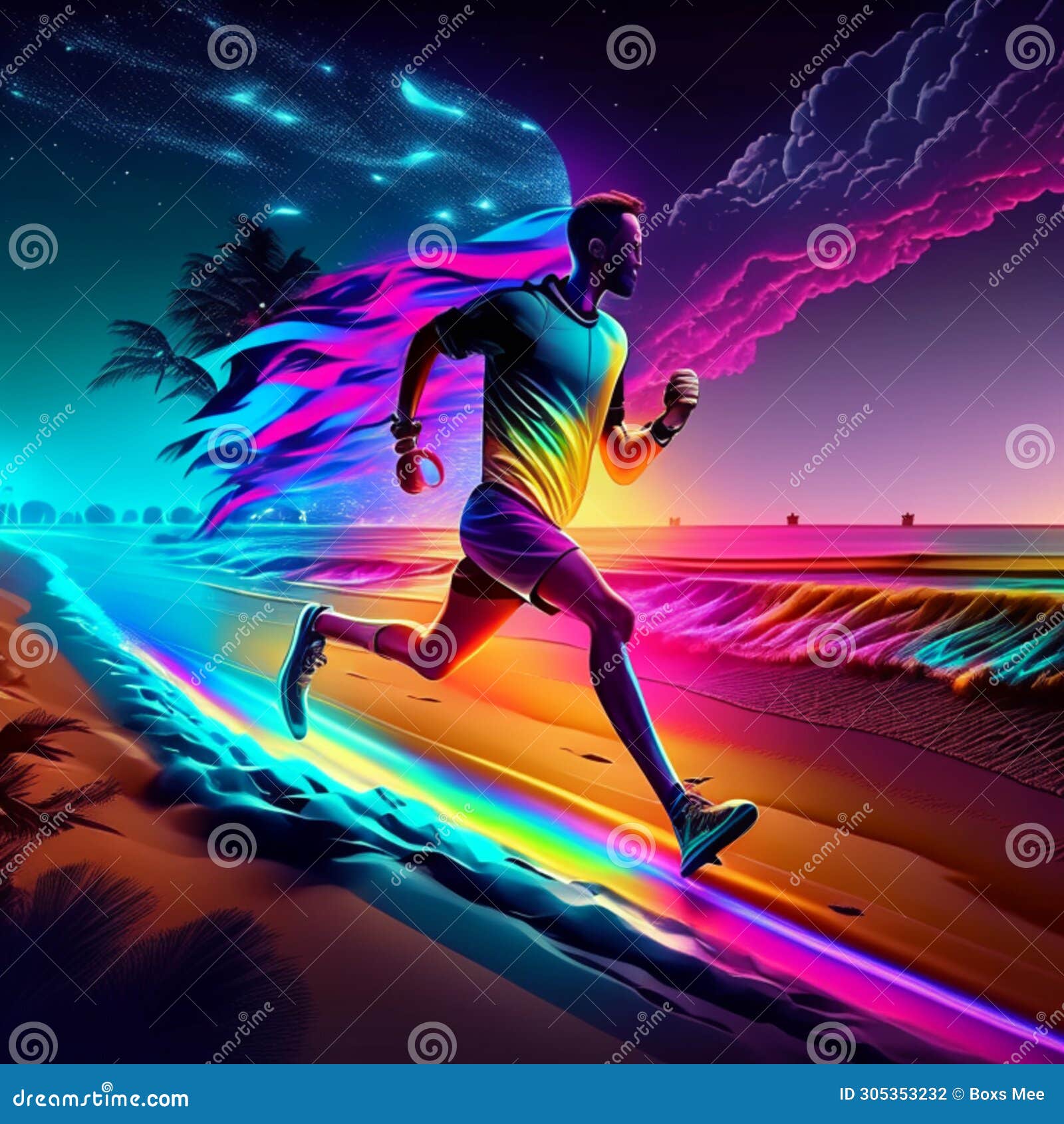 Running Man with Neon Light Effect on the Beach. Vector Illustration ...