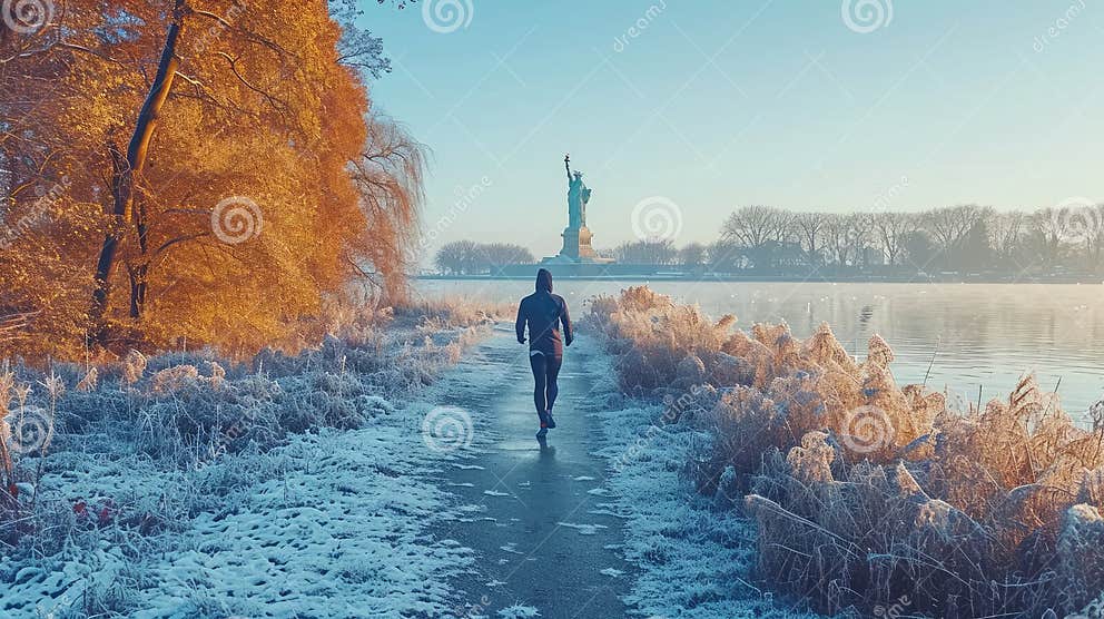 Running Path with View of Statue of Liberty Stock Illustration ...
