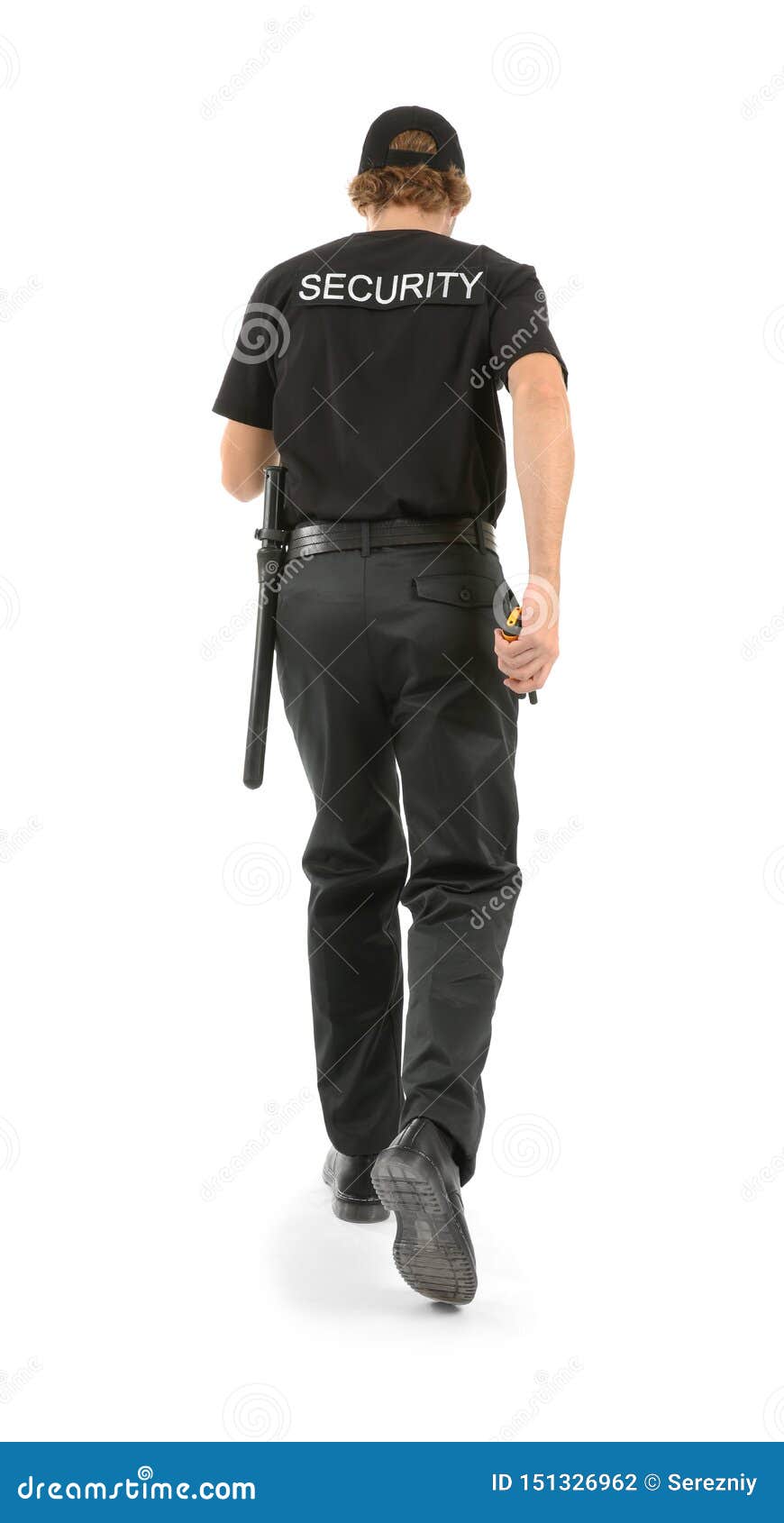 Running Security Guard on White Background, Back View Stock Photo ...