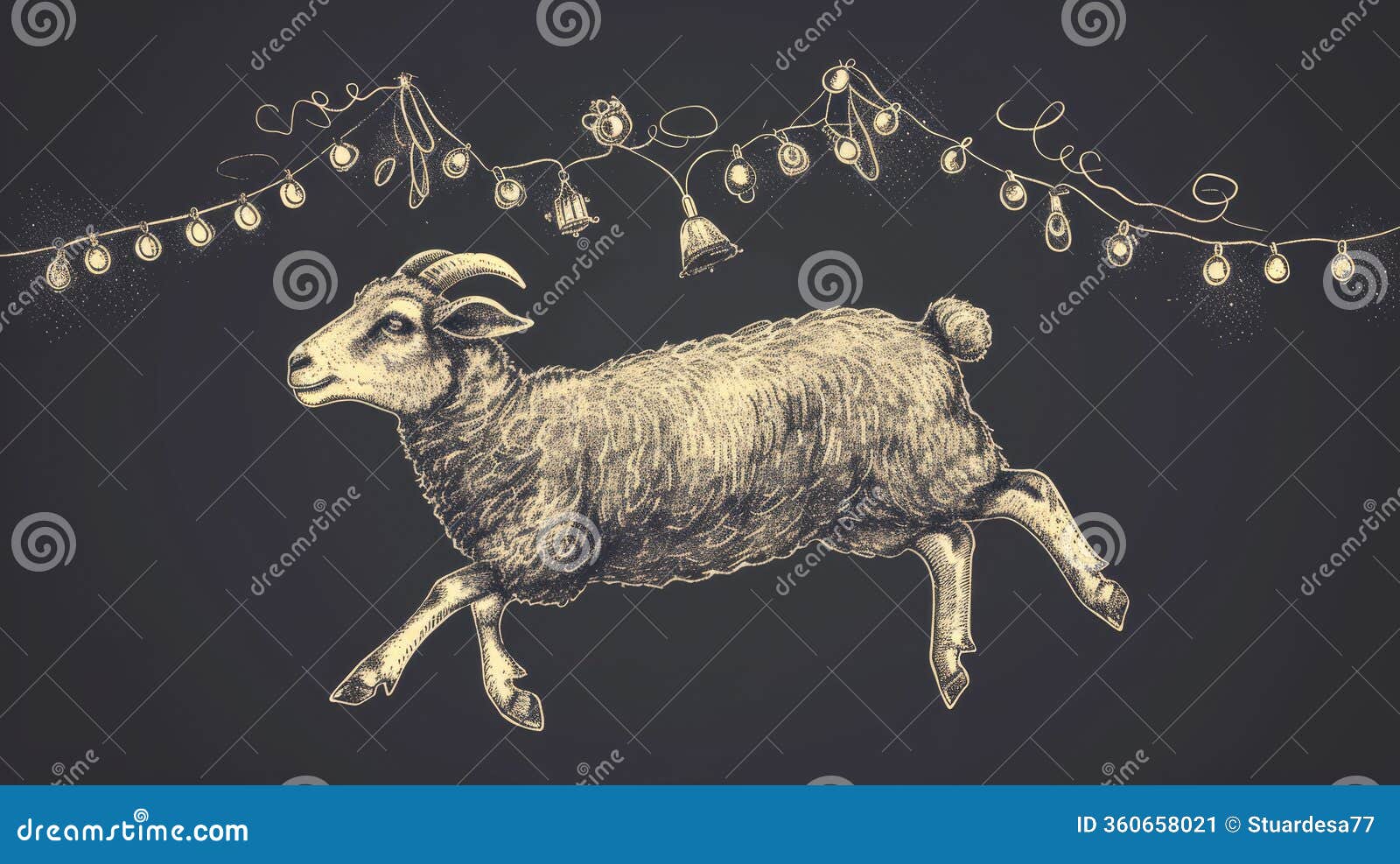 Running Sheep with Festive String Lights in Vintage Style Stock Image ...