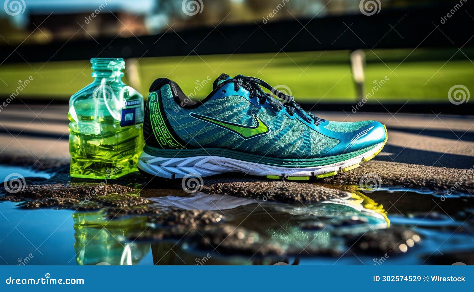 Running Shoe and a Clear Plastic Water Bottle Side by Side on a Puddle ...