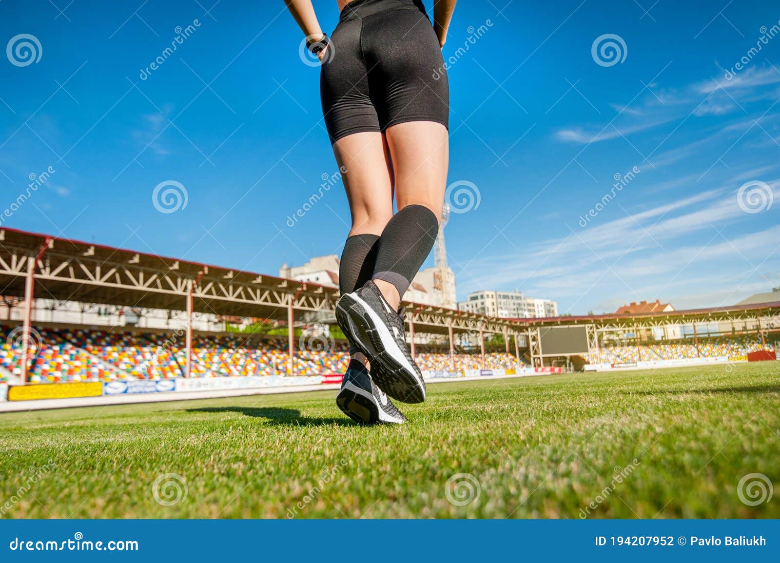 Running in the Stadium, Women Legs Close Up, Bottom View Stock Photo ...