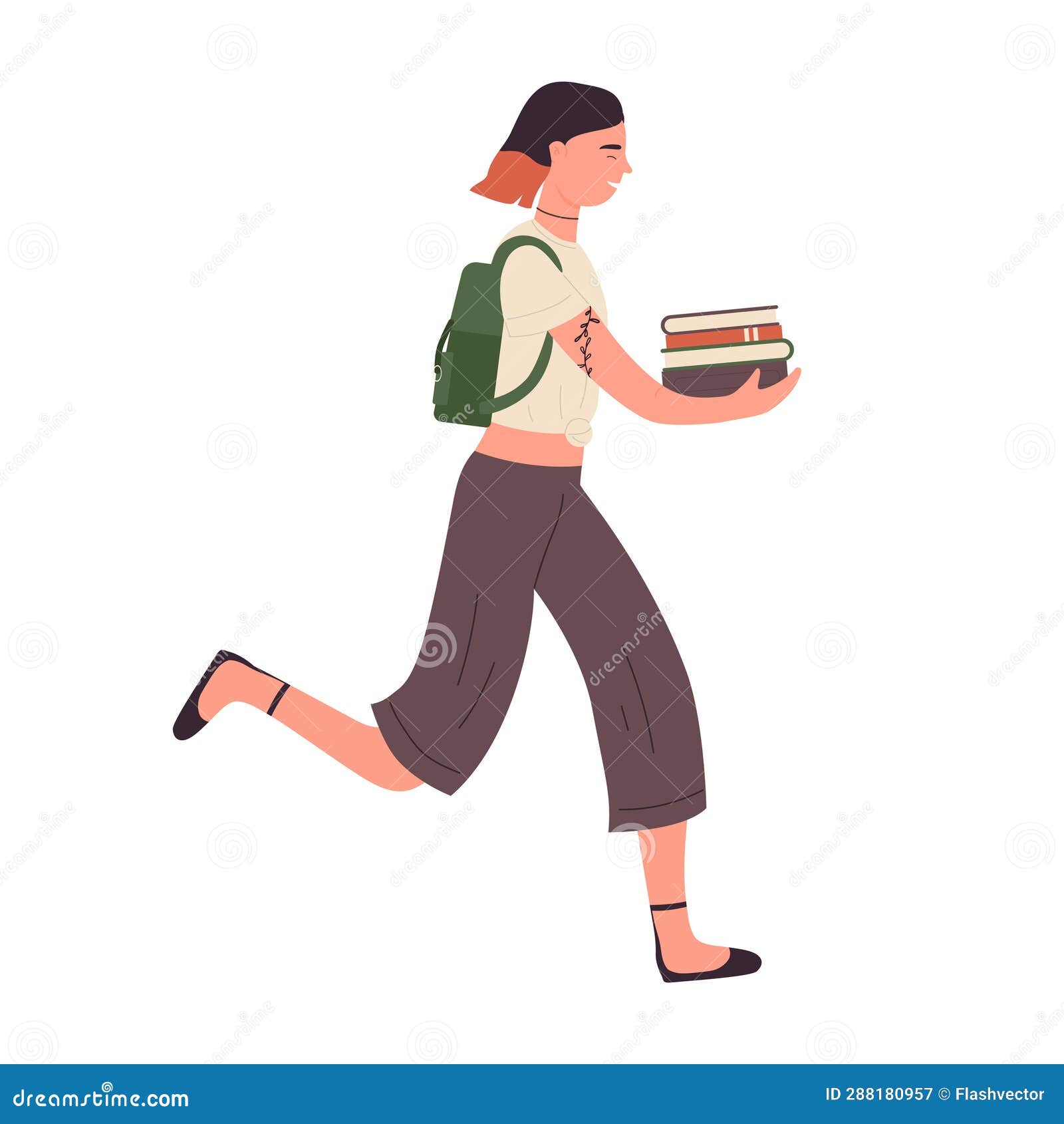 Running Student Girl with Stack of Books Stock Illustration ...