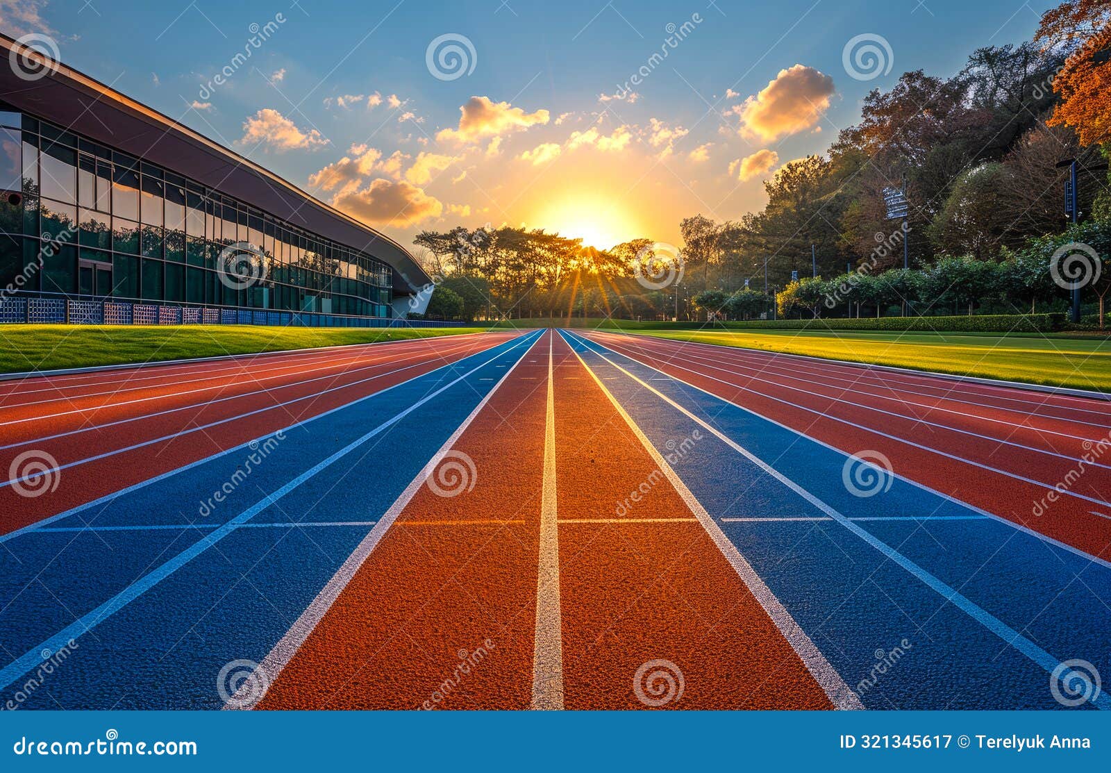 Running Track and Stadium with Blue and Red Running Lanes in the ...
