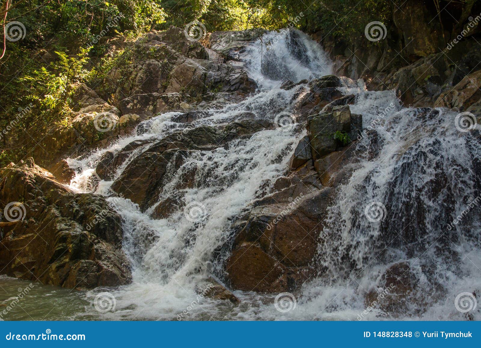 Running Water through Rocks in Tropical Waterfall in Rainforest Stock ...
